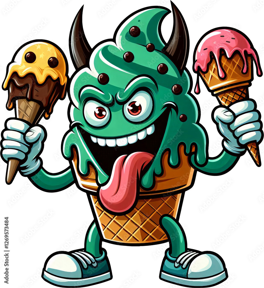 Mischievous Ice Cream Monster: A cartoon illustration of a green ice ...