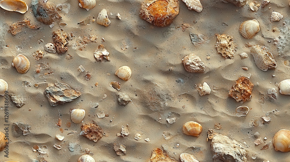Collection of sea shells on sand beach top view seamless texture map ...