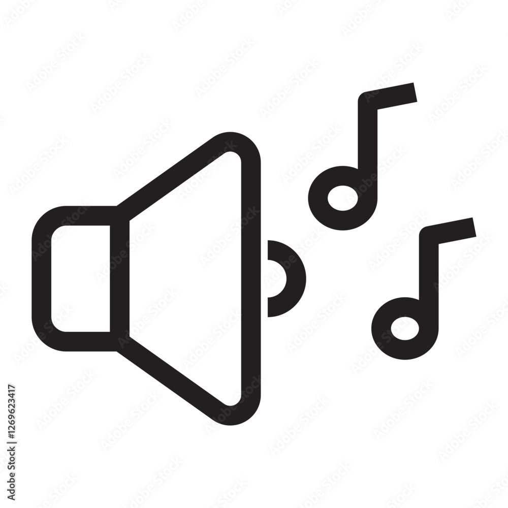 Speaker icon with musical notes, sound and music symbol, black and ...