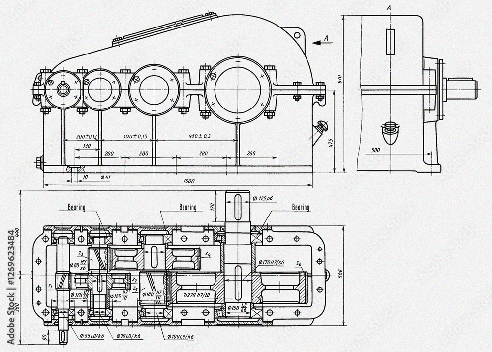 Engineering mechanical pencil drawing of steel devices (reducer ...