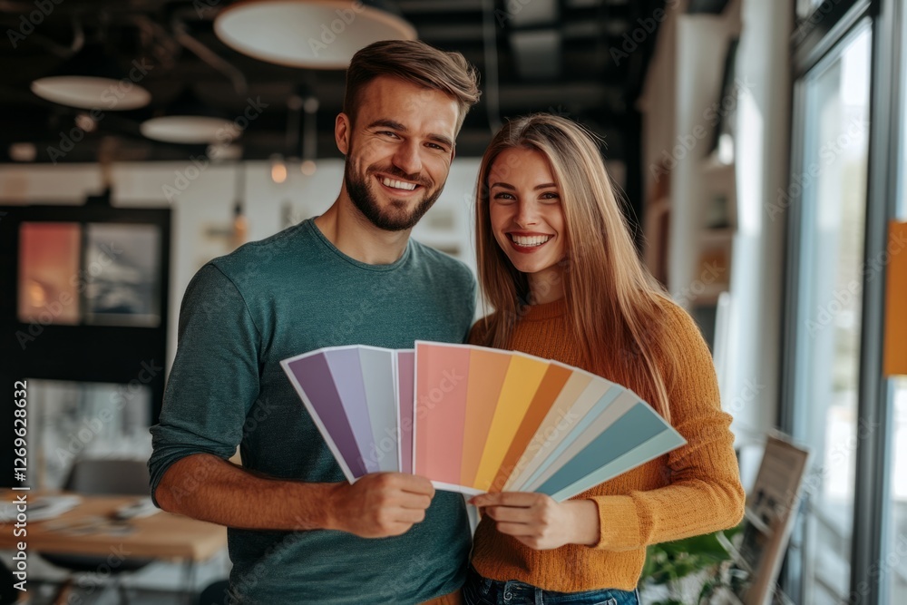 Two young interior designers are smiling and holding a color palette ...
