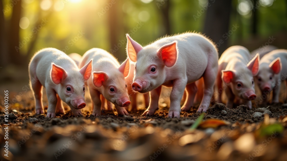 Piglets nursing, Farm scene piglets feeding dappled sunlight no blur ...