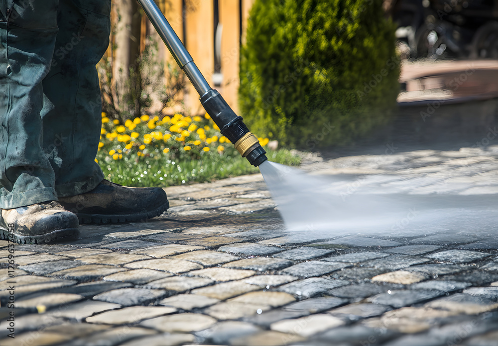 Water blaster in use on a cobblestone walkway, cleaning and removing ...