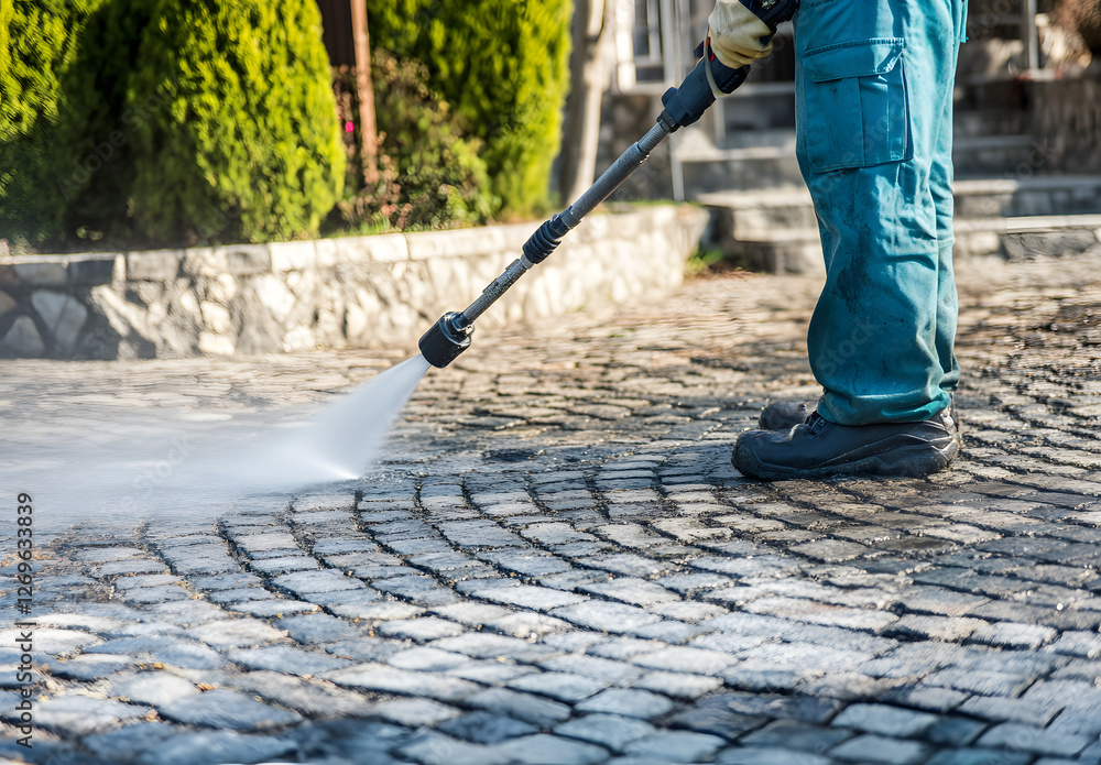 Water blaster in use on a cobblestone walkway, cleaning and removing ...
