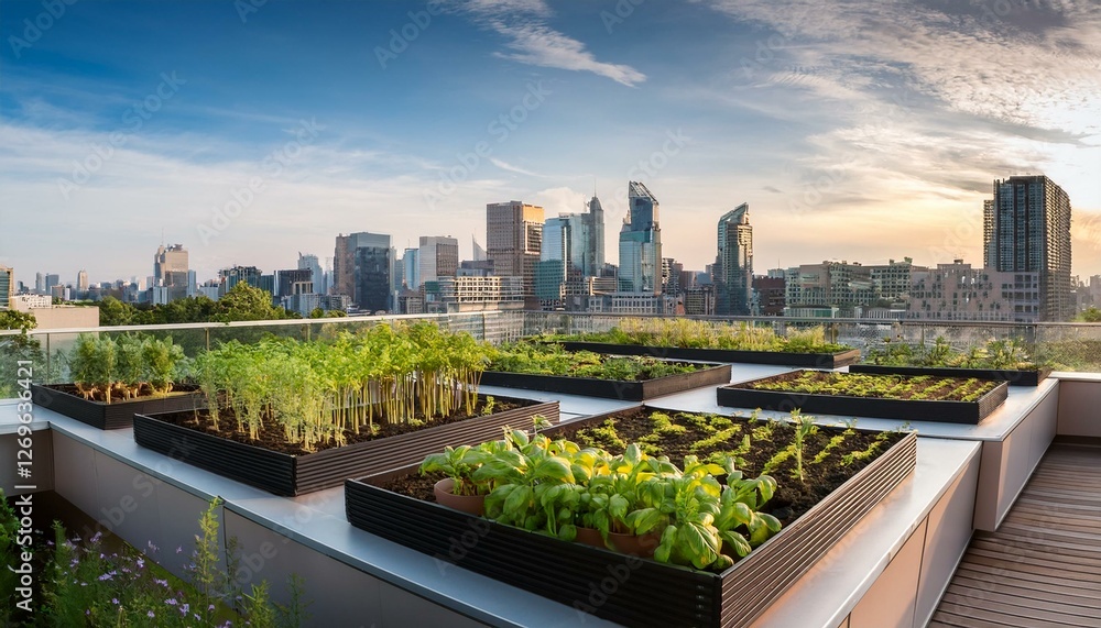 urban rooftop farm with diverse crops and city skyline for sustainable ...