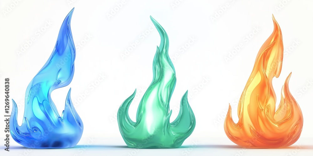 3D rendering three different types of fire flames. On the left, there ...