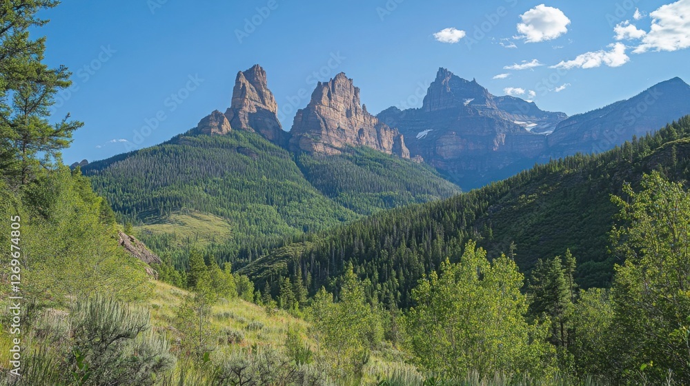A panoramic view of the Three Sisters rock formation from the valley ...