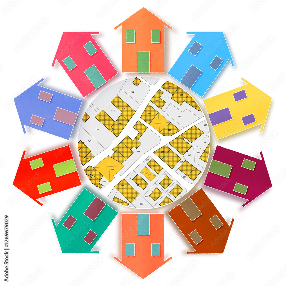 HOMEOWNER ASSOCIATION CONCEPT with group of colored house icons ...