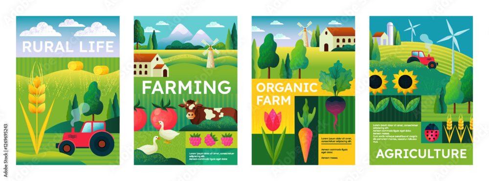 Agriculture pattern. Geometric tree forest, abstract farm or village ...