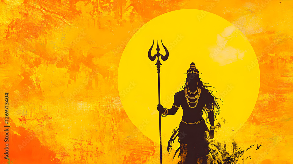 Lord Shiva silhouette with trident on big yellow sun for MahaShivratri ...