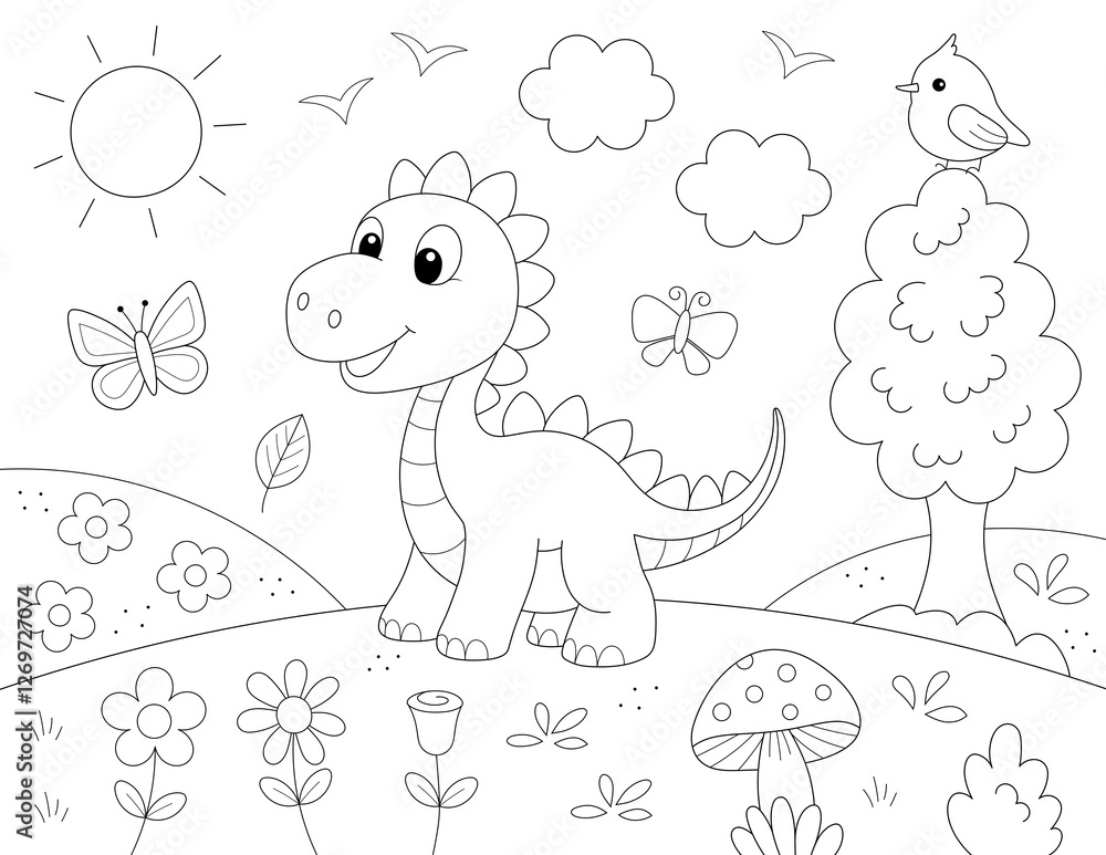 cute spring theme coloring page. dinosaur, butterflies and more. ready ...
