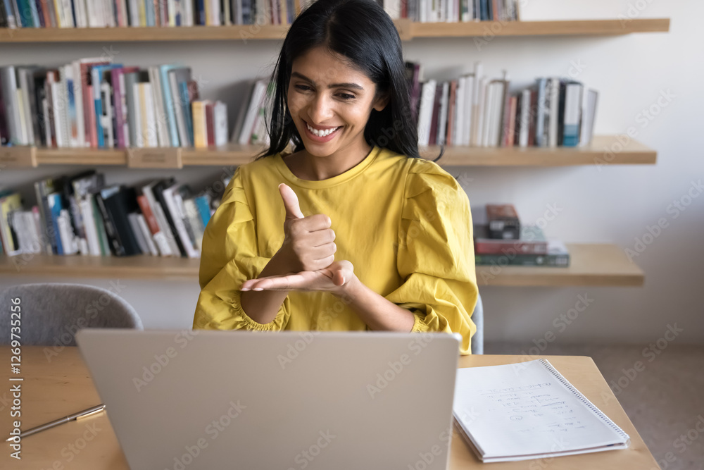 Inclusive communication. Friendly young female teacher tutor ...