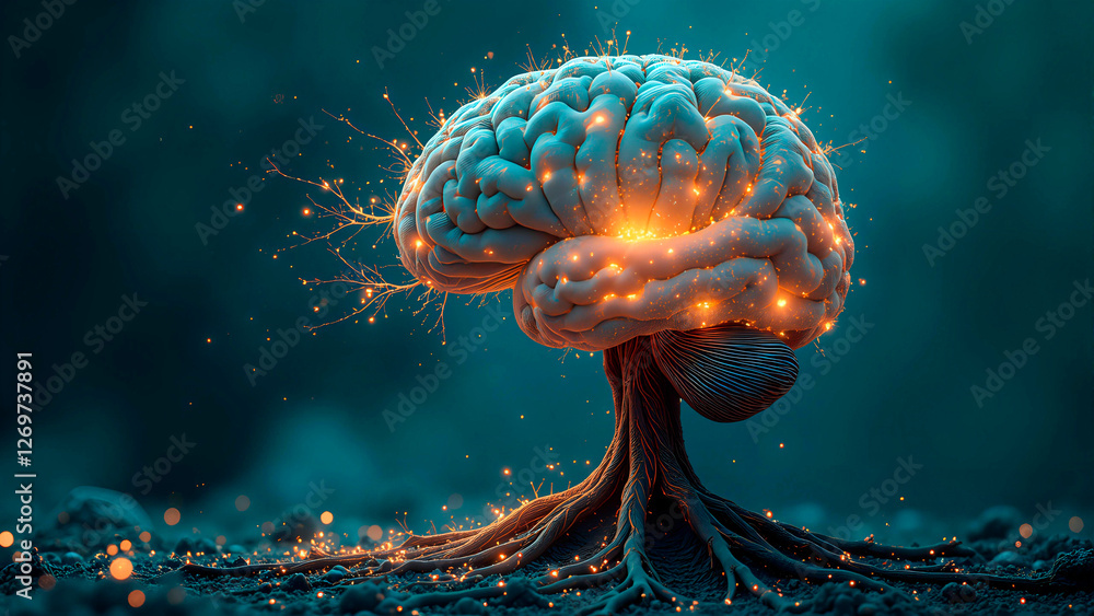 Intricate network of neural cells forming botanical shapes, with ...