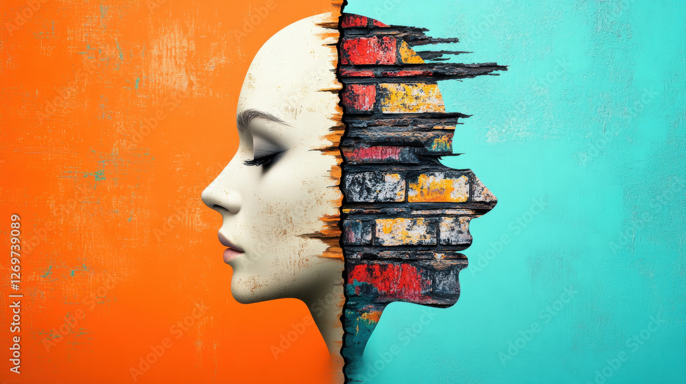 Two human, A split human profile artwork with one half painted in ...