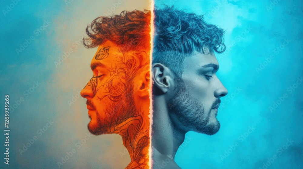Two human, Human profile image split vertically with one side covered ...