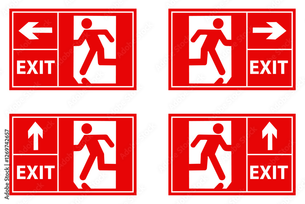Emergency fire exit sign vector set. Running man and exit door sign ...