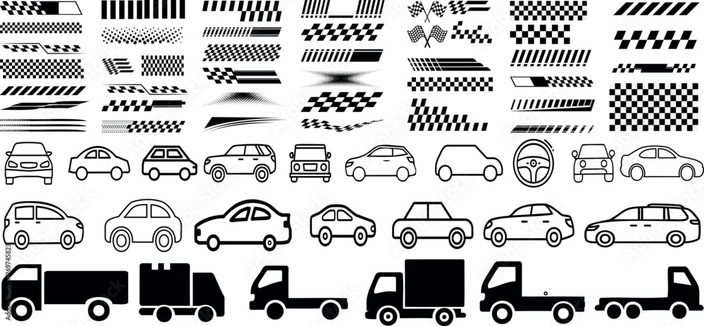 automotive racing stripes vector car silhouette set, truck icons ...