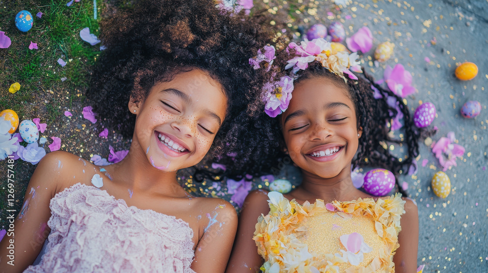 Whimsical scene of a 12-year-old girl and cousin painting Easter murals ...