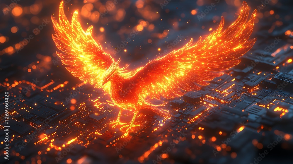 Phoenix rising from scattered glowing circuit boards in a cyberpunk ...