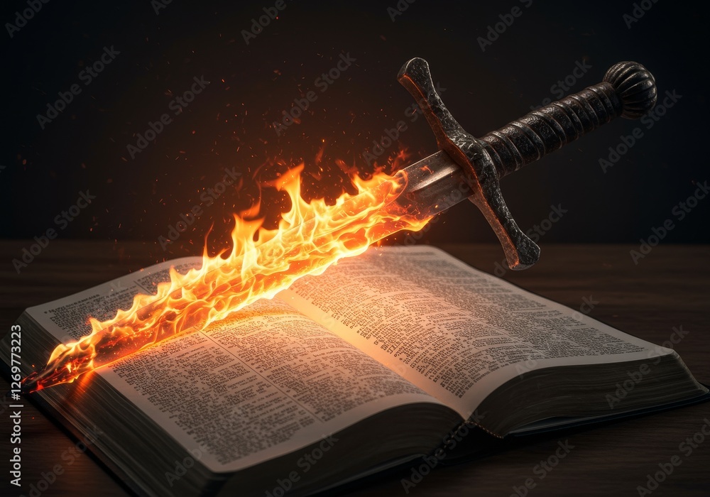 Fiery Sword Above Open Book - A dramatic featuring a flaming sword ...