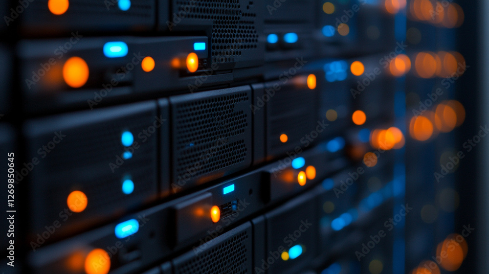 Information flows through a data center storage system, with blue and orange lighting ...
