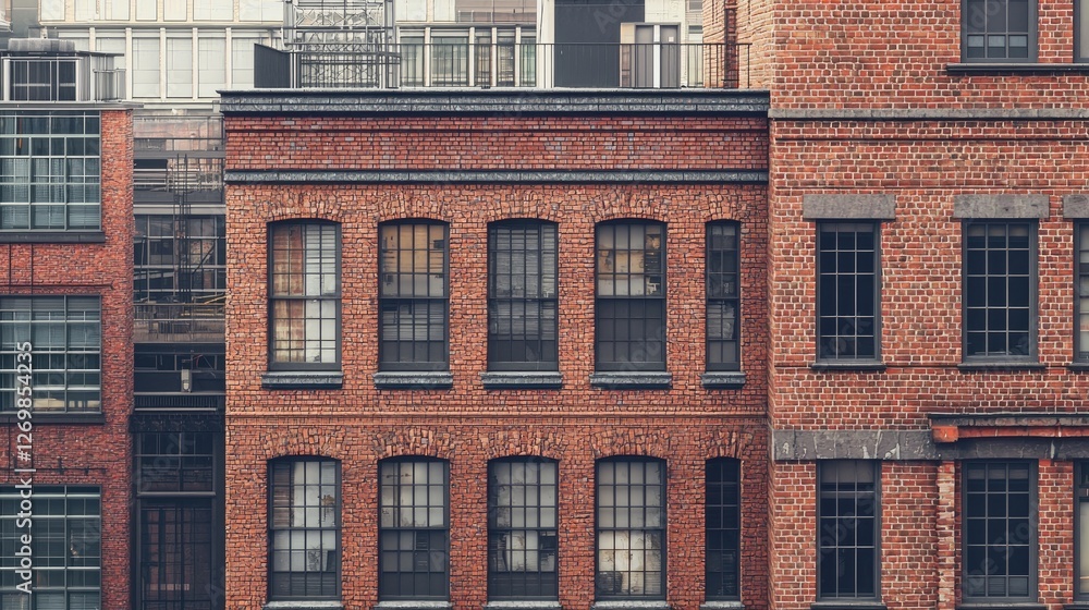 Urban brick buildings, multiple stories, windows, city skyline ...