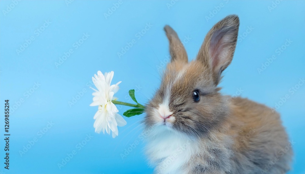 cute little fluffy rabbit holds a flower in his mouth (eating, chewing ...