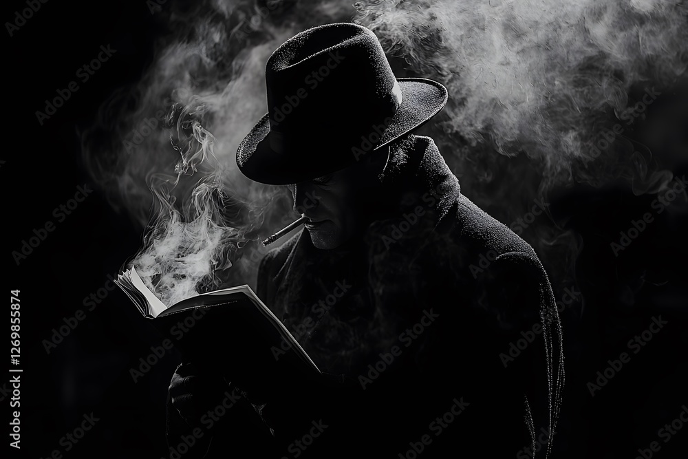 Noir Detective Reading: A mysterious figure, shrouded in smoke, peruses ...