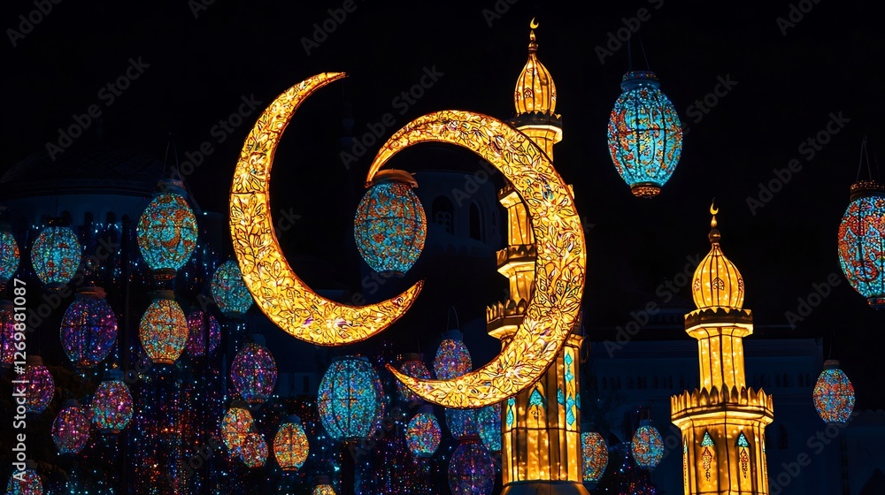 Illuminated crescent mosque lantern patterns for traditional Islamic ...