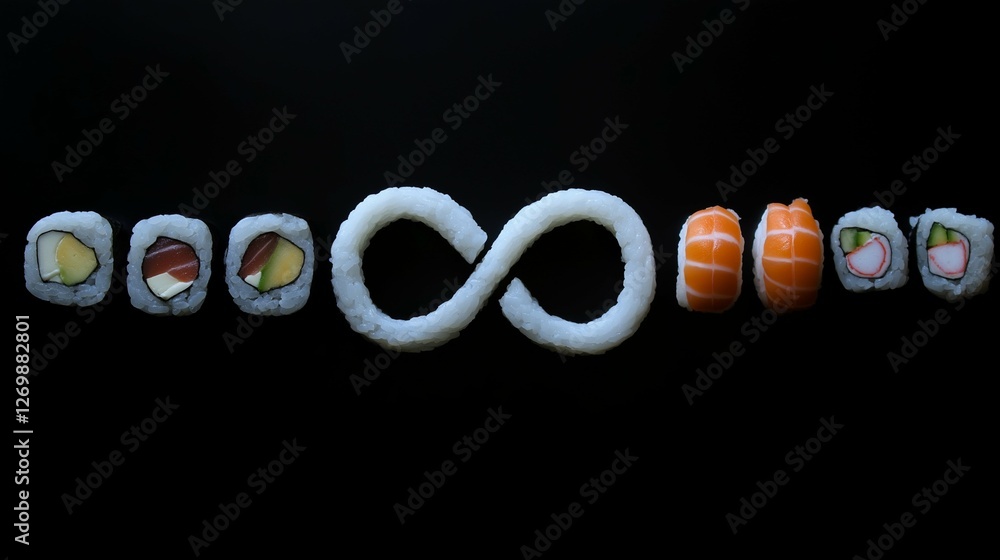 Beautiful food photography with rolls and sushi, an infinity sign made ...