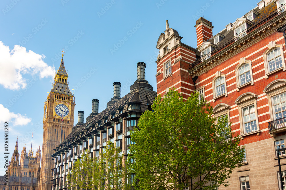 Big Ben tower and Victoria embankment architecture in London, UK Stock ...