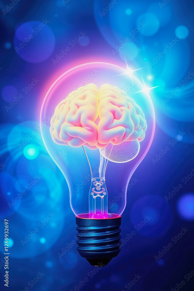 Pastel brain inside glowing lightbulb on vibrant blue background Stock ...