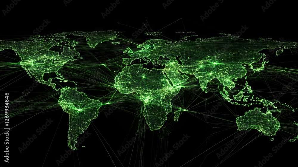 Green lines and dots marking digital world map, showing global ...