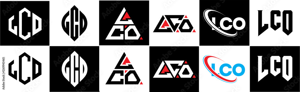 LCO letter logo design in six style. LCO polygon, circle, triangle ...