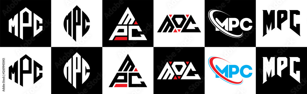 MPC letter logo design in six style. MPC polygon, circle, triangle, hexagon, flat and simple ...