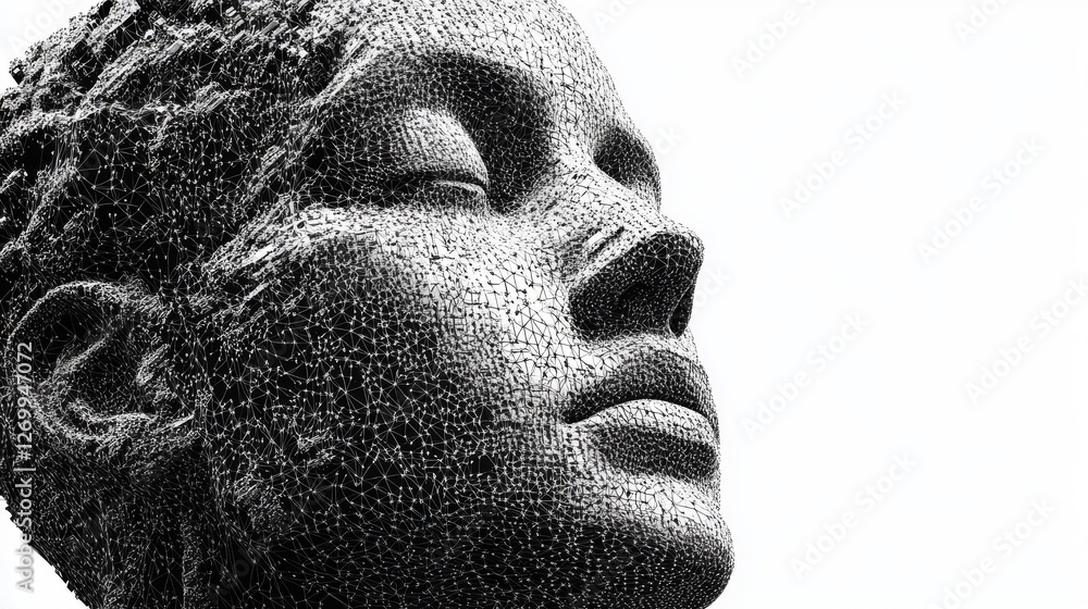 A mind interface with dispersed dots, a modern icon, and a destruction ...