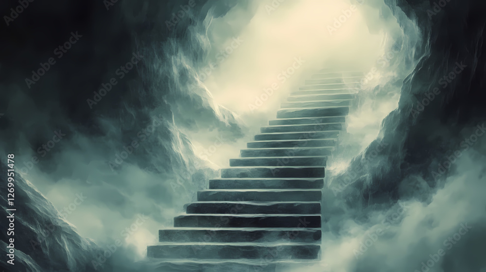 Mysterious and eerie staircase in a liminal otherworldly space with ...