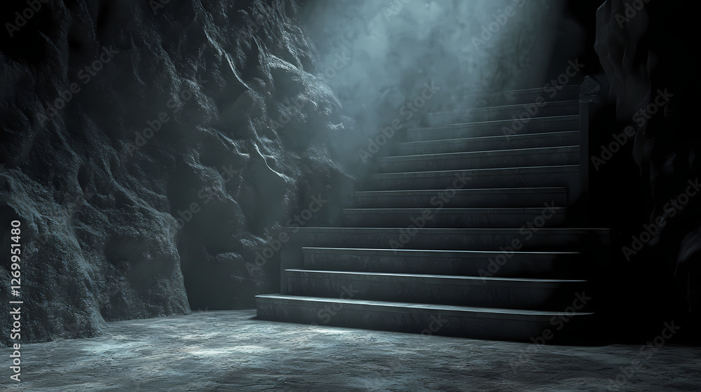 Mysterious and eerie staircase in a liminal otherworldly space with ...