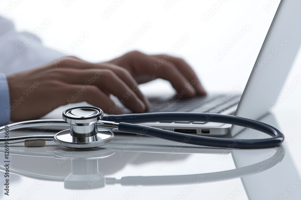 Healthcare professional coding on a laptop in a modern workspace ...