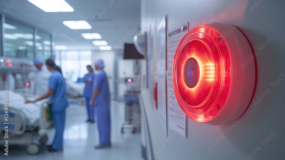 Hospital safety alert led siren glowing red in medical facility with ...