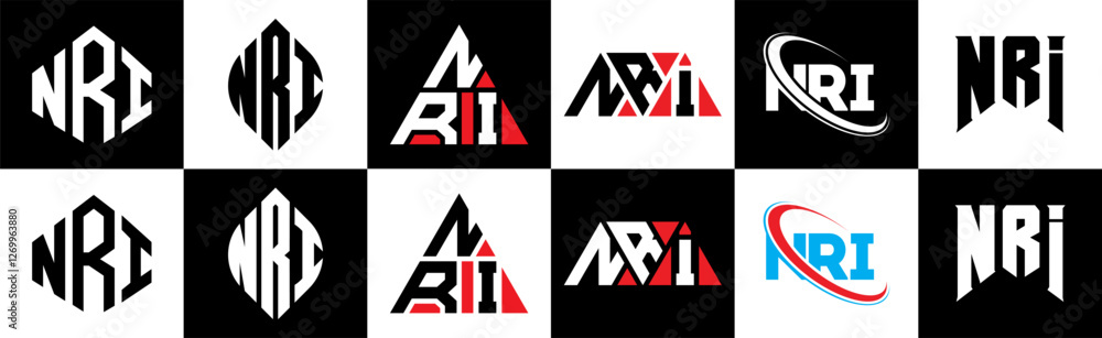 NRI letter logo design in six style. NRI polygon, circle, triangle ...
