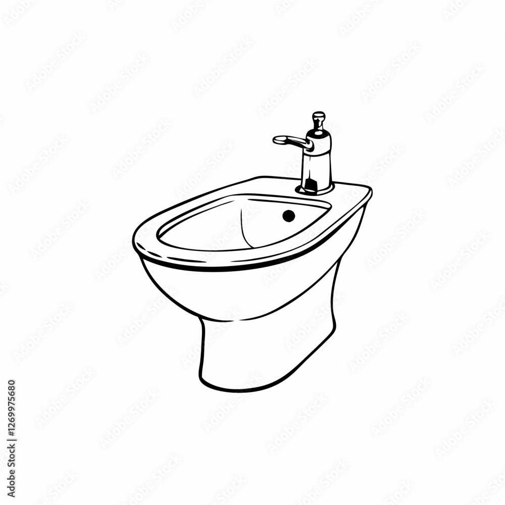 Technical line drawing shows detailed bidet fixture with water faucet ...