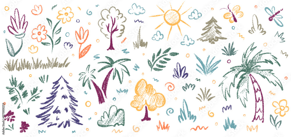 Hand-drawn crayon forest set. Palm, tree, fir, green grass and tropical ...