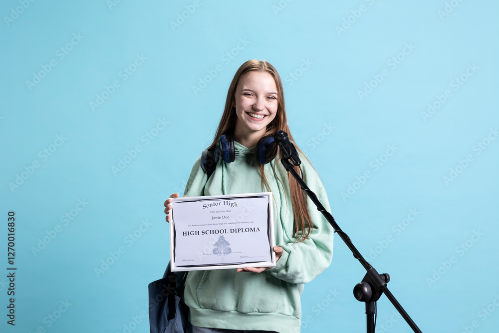 Happy student holding diploma talking in microphone, addressing ...
