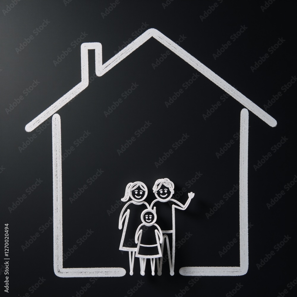 Foto de Stock Chalk drawing depicts simple house outline surrounded by ...