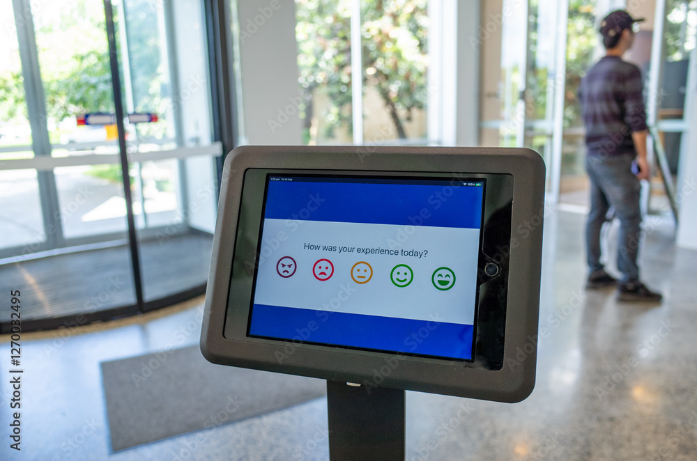 A digital feedback kiosk with a touchscreen interface displays a ...