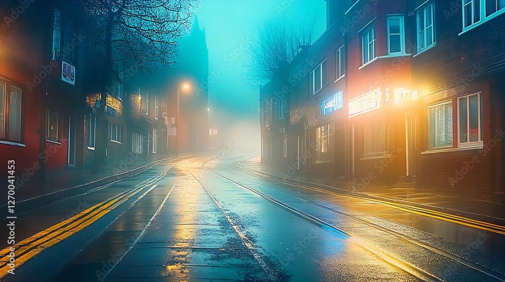 Misty urban street in nighttime featuring glowing storefronts and wet ...