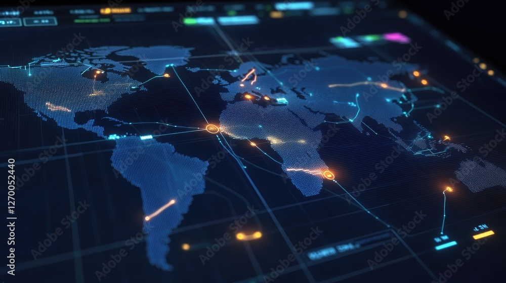Digital financial dashboard with glowing data charts, world map, and market trend lines ...