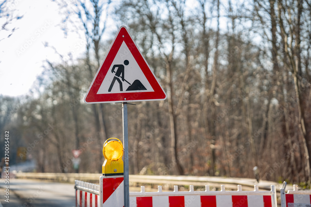 Road construction warning sign with illuminated safety light, work zone ...
