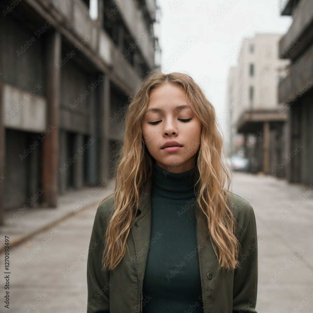 Young beautiful calm woman with blonde hair and eyes closed standing ...